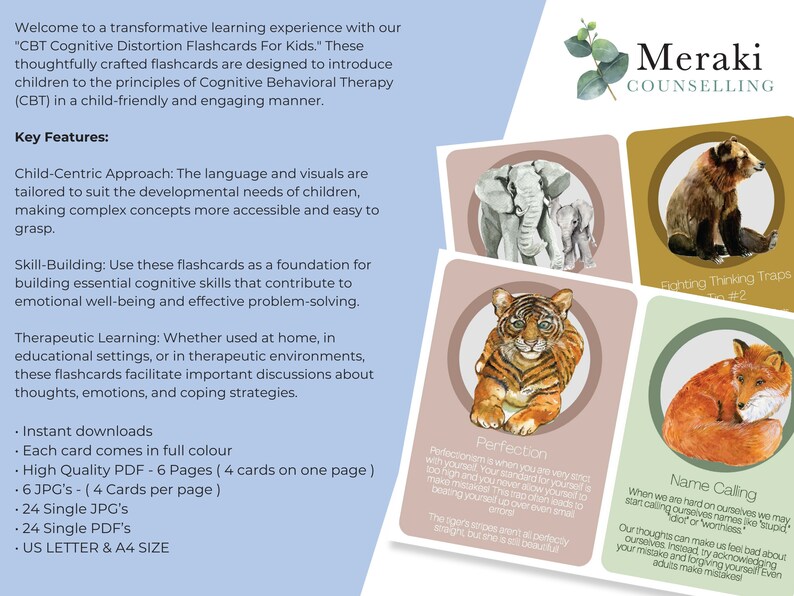CBT Cognitive Distortion Flashcards for Kids Thinking Error Cards ...