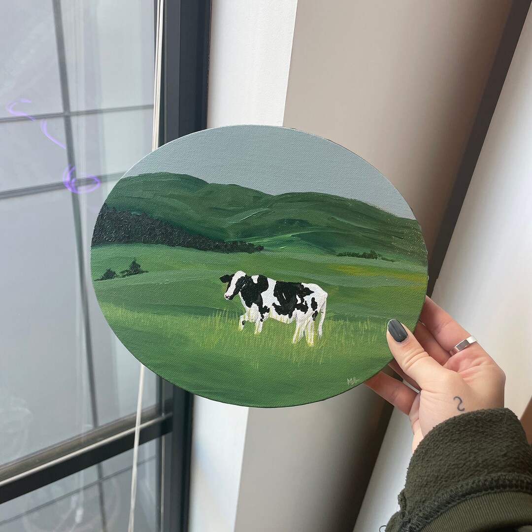 Cow in a Field, Oval Acrylic Painting, Perfect Neutral Room Décor, 10 X ...