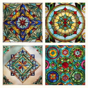 Stained Glass Geometric Shapes Bundle, Stained Glass Seamless Pattern ...