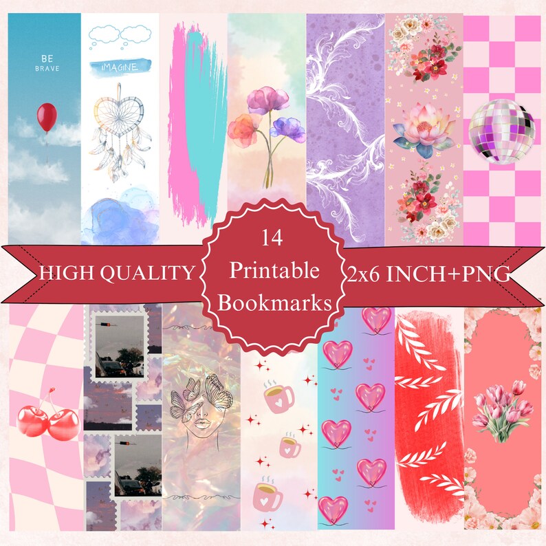 Aesthetic Design Bookmark, Printable Bookmark Bundle, Bookmark PNG ...