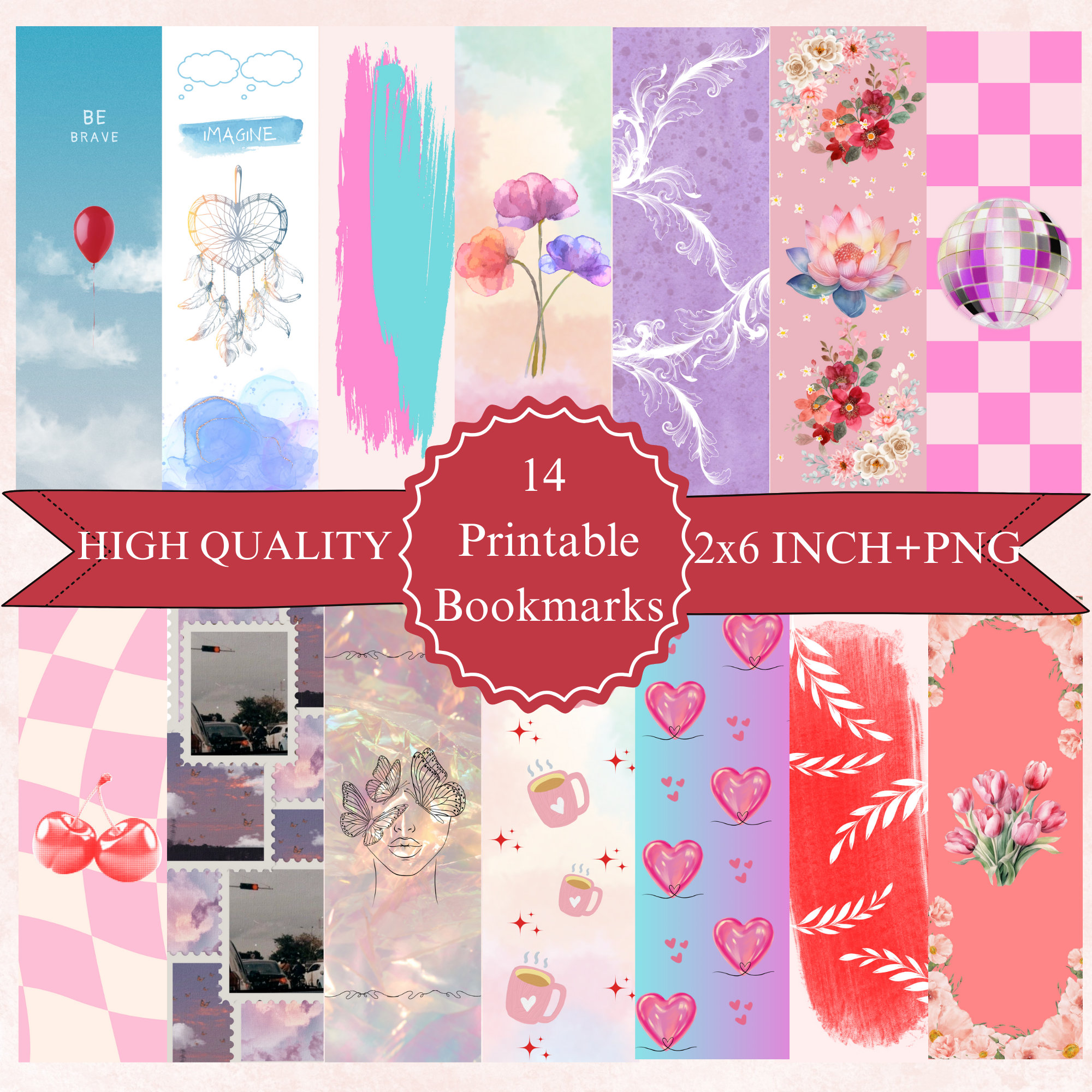Aesthetic Design Bookmark, Printable Bookmark Bundle, Bookmark PNG ...