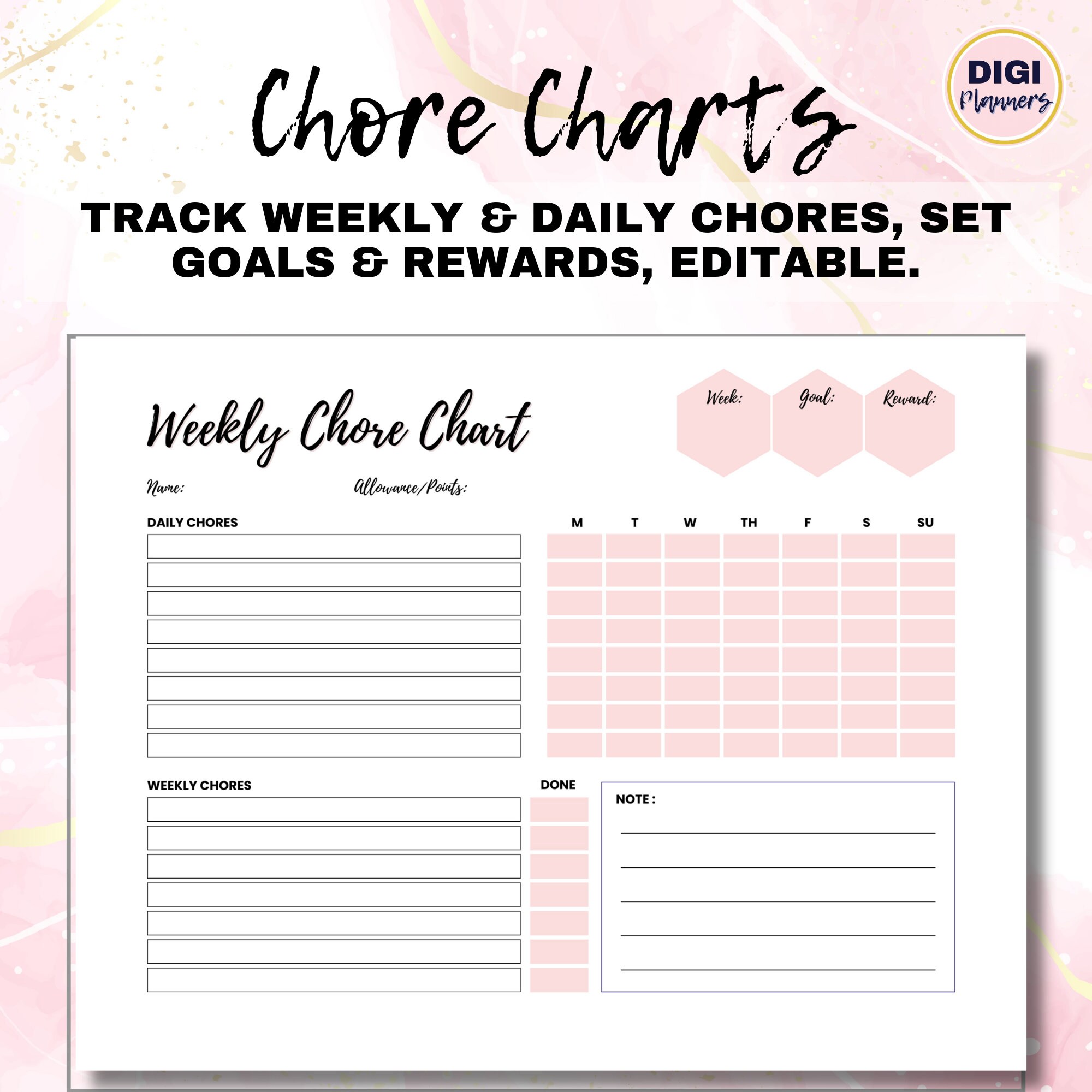 Weekly Chore Chart Printable Pink Habits Kids Teens Family Planner ...