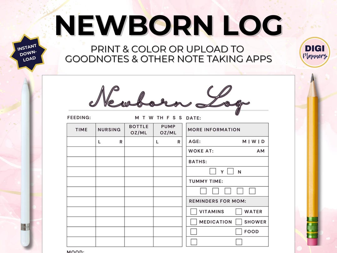 Newborn Log Print and Digital Schedule Tracker Sleep Breastfeeding ...