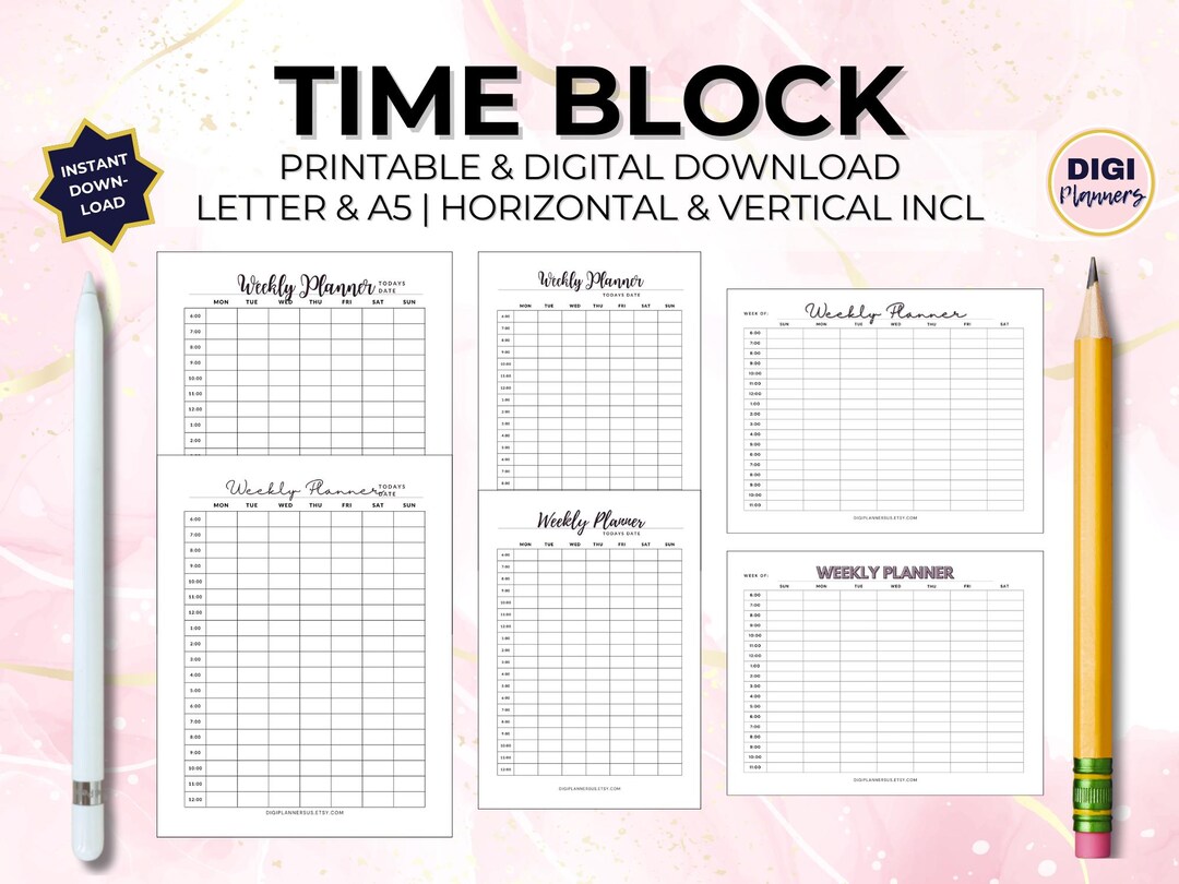 Weekly Hourly Time Block Box Letter, A5 Printable & Digital Planner ...