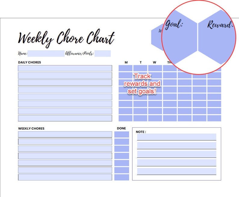Weekly Chore Chart Allowance Tracker Fillable PDF Teal Build Good ...