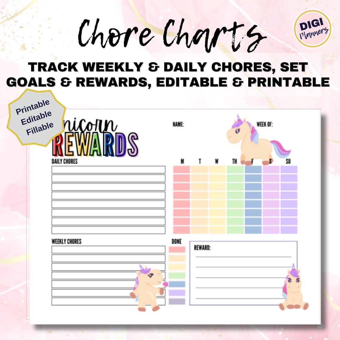 Editable Weekly Chore Chart Printable Kids and Toddlers With Unicorns ...