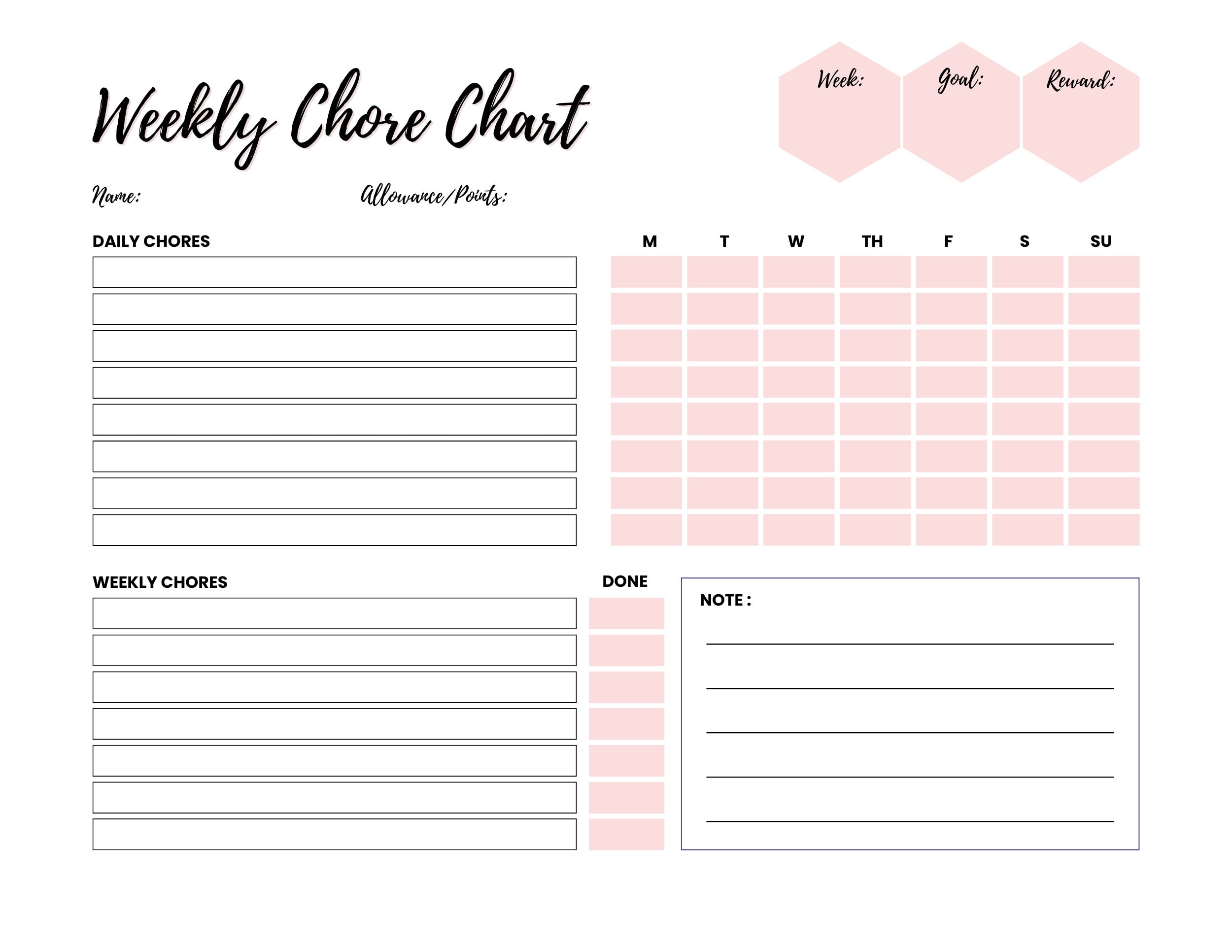 Weekly Chore Chart Printable Pink Habits Kids Teens Family Planner ...