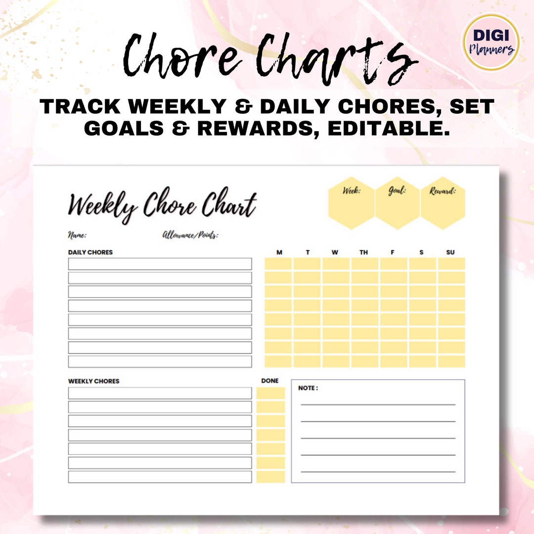 Weekly Chore Chart Allowance Chart Tracker Printable Planner Yellow ...