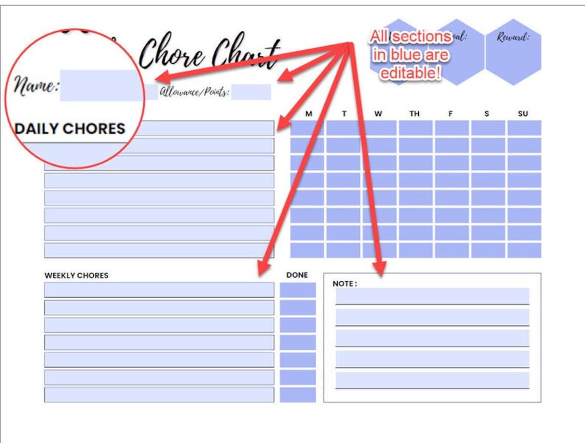 Weekly Chore Chart Allowance Tracker Fillable PDF Teal Build Good ...