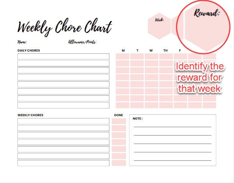 Weekly Chore Chart Printable Pink Habits Kids Teens Family Planner ...