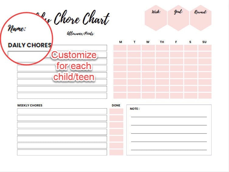 Weekly Chore Chart Printable Pink Habits Kids Teens Family Planner ...