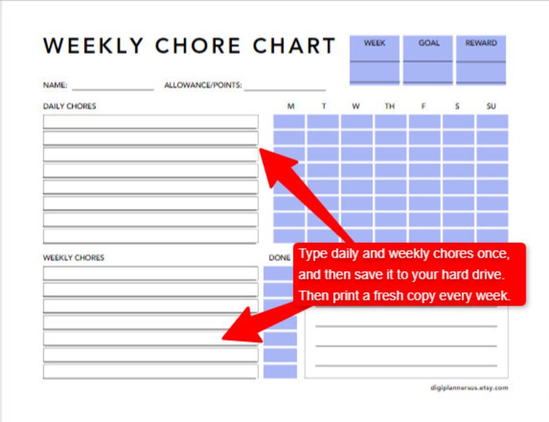 Simple Chore Chart Printable Blue Allowance Habits Family Planner Track ...