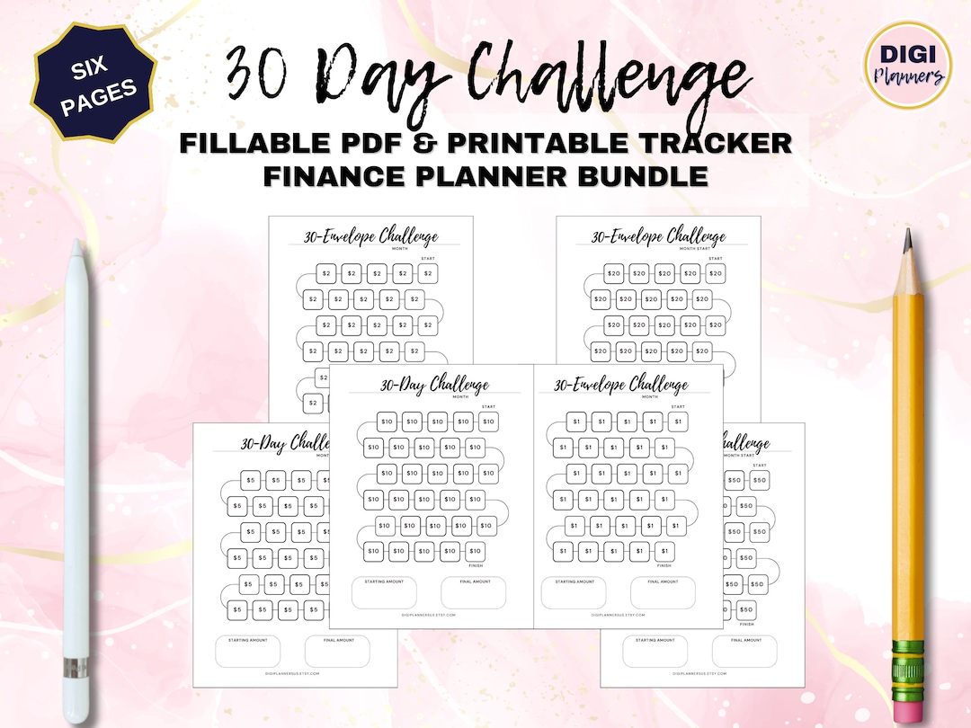 30 Day Envelope Savings Challenge Bundle Goal Setting Progress Trackers ...