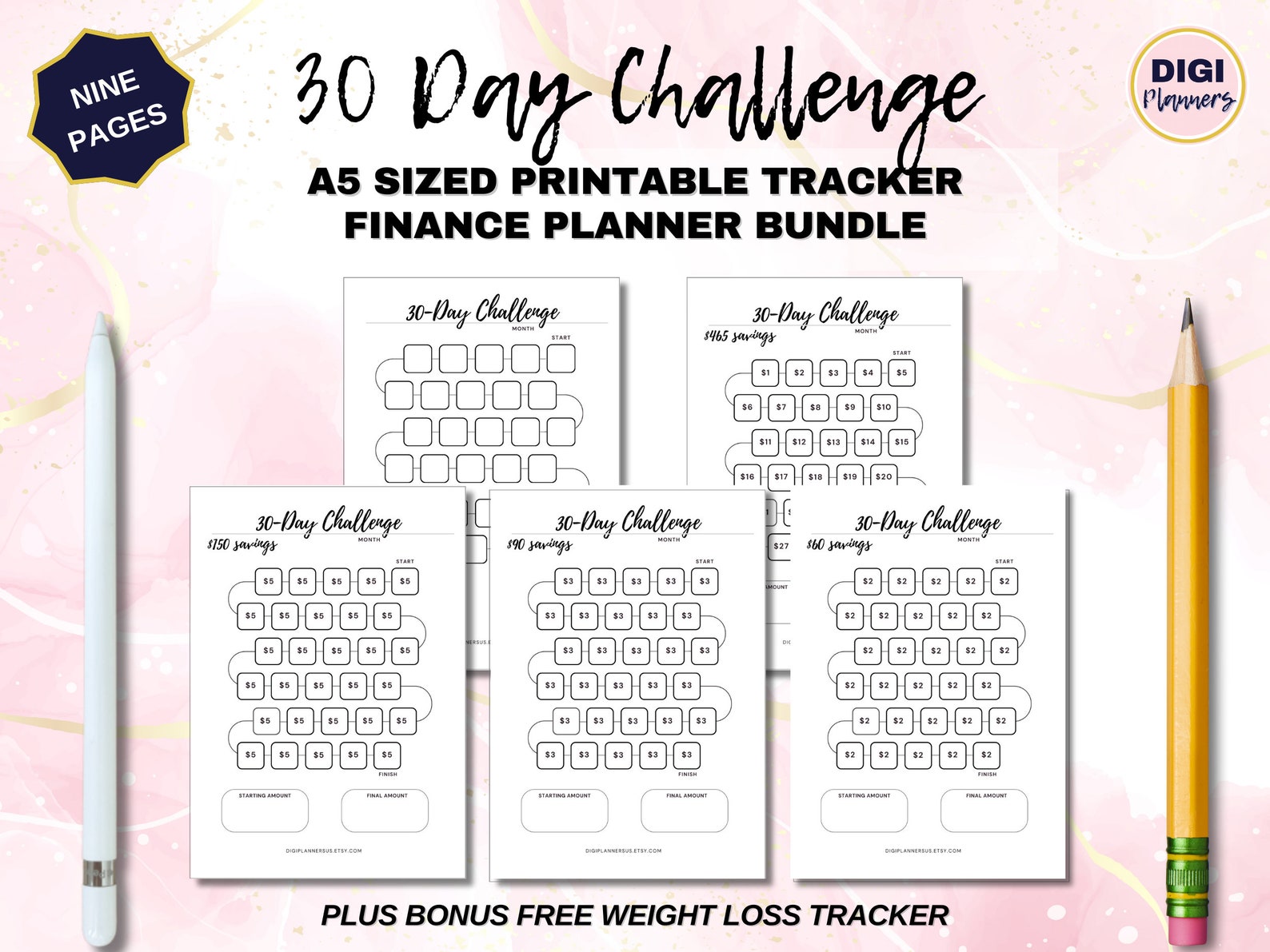 30 Day Envelope Savings Challenge Financial Goal Progress Trackers ...