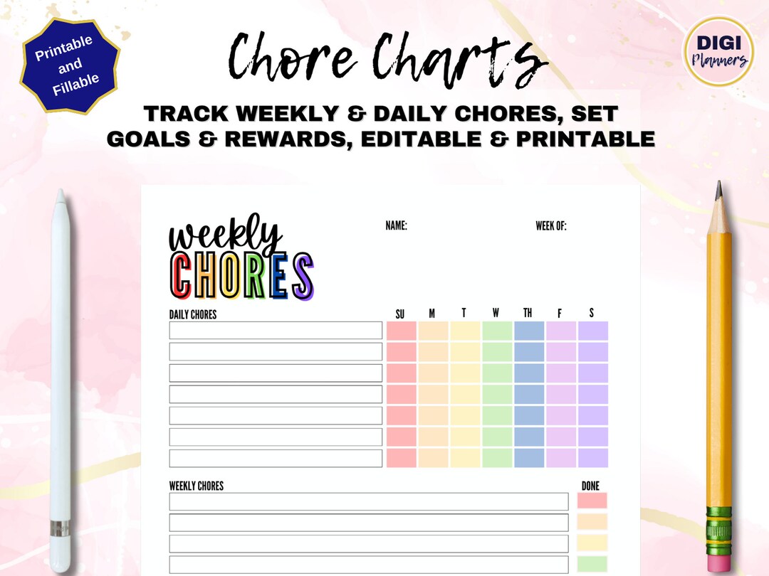 Weekly Allowance Chore Chart for Kids Printable or Digital Family ...