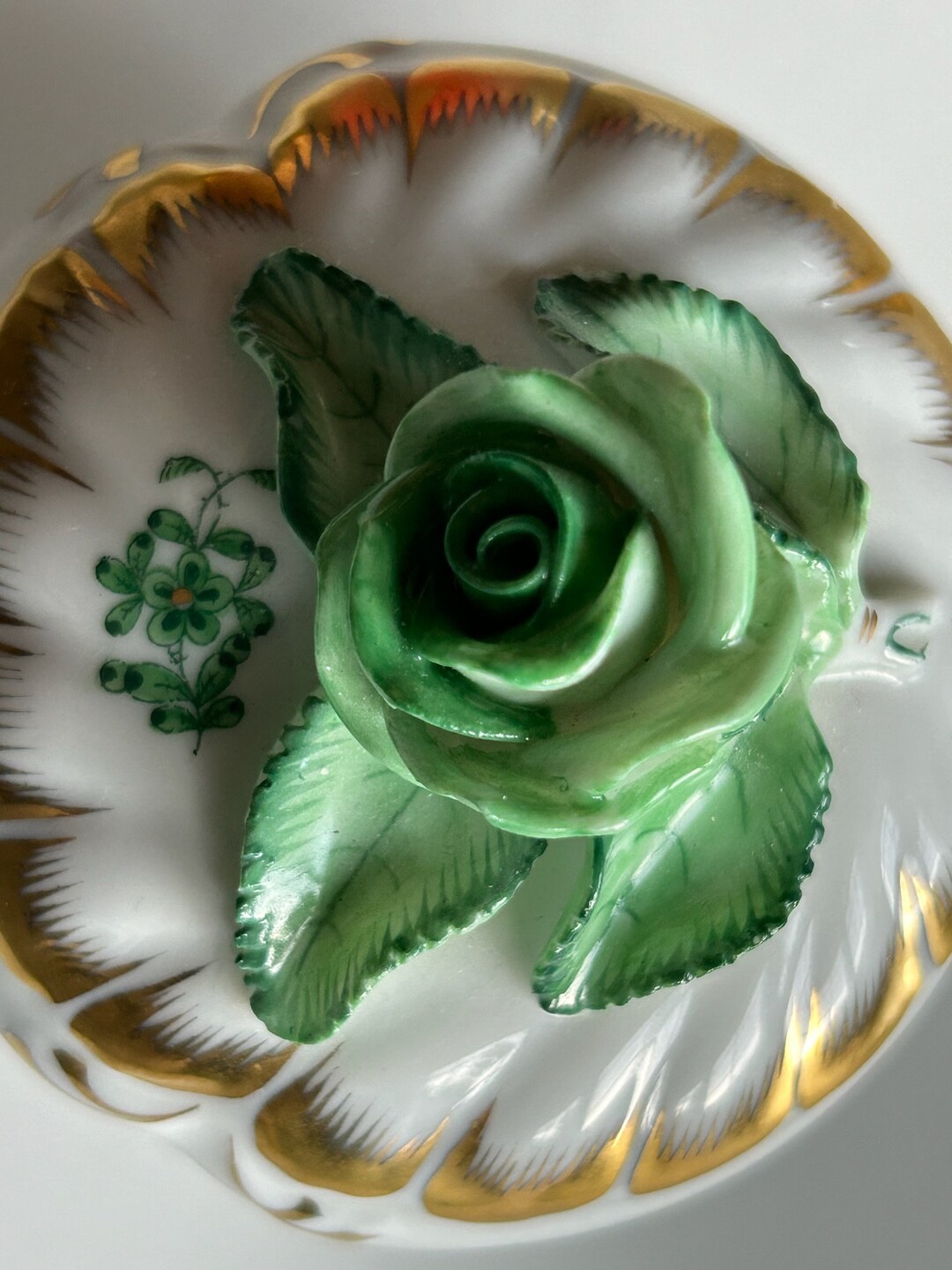 Herend Lidded Box Vintage With Green Rose Apponyi Verte Gold Rim - Etsy
