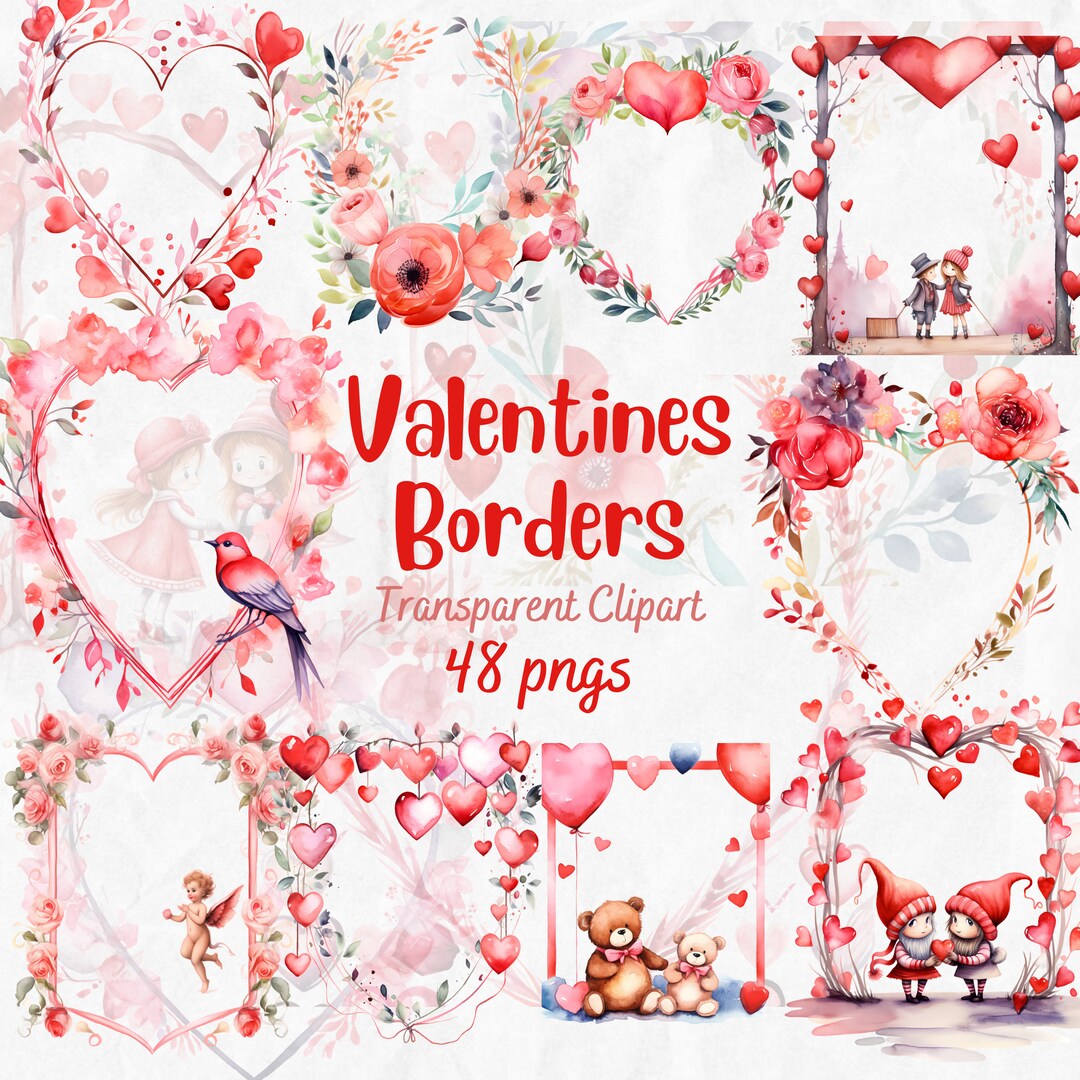 Watercolor Valentines Day Border Clipart 48 PNG Love Day Clipart ...