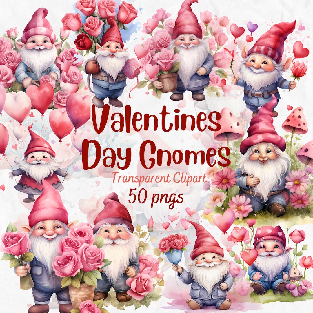 Watercolor Valentines Day Gnomes Clipart, 50 PNG Love Gnomes Clipart ...