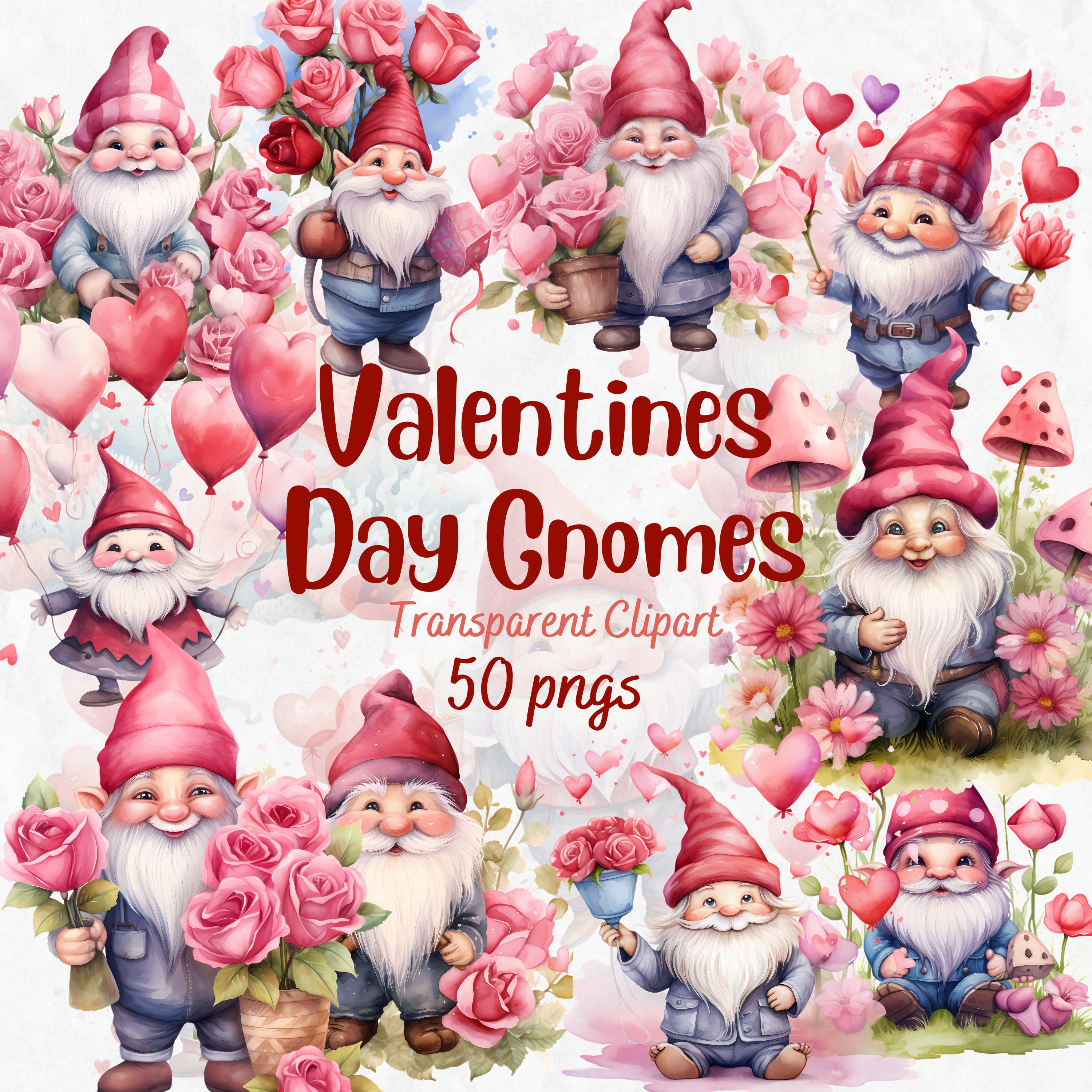 Watercolor Valentines Day Gnomes Clipart, 50 PNG Love Gnomes Clipart ...