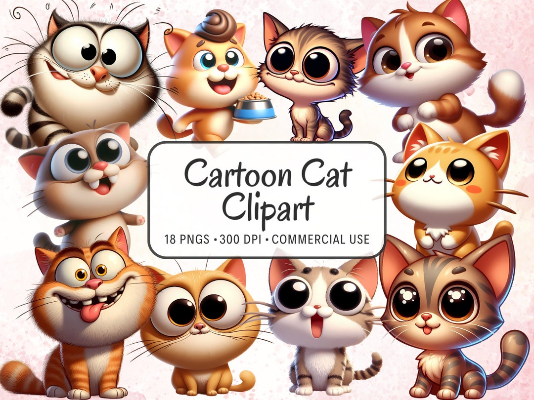 Cute Cartoon Cat Clipart Bundle, Clip Art Set of 18 High Quality Pngs ...