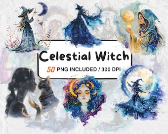 Watercolor Celestial Witch Clipart, Witch Clip Art PNG, Witch Bundle ...
