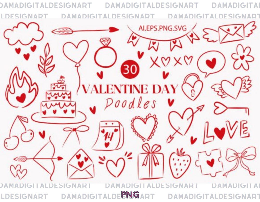 Valentine’s Day Doodle, Hand-drawn Valentine’s Day Clipart Set | Love ...