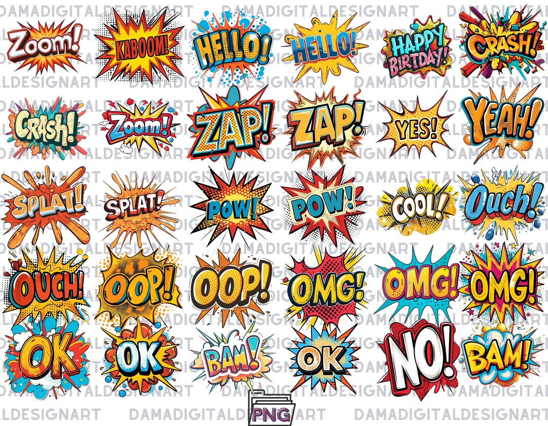Comic Text Sublimation Bundle - 30 Fun & Colorful PNG Designs for T ...