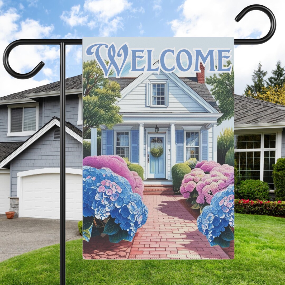 Garden Banner, Welcome to Our Home Flag, Blue and Pink Hydrangeas, Cape ...