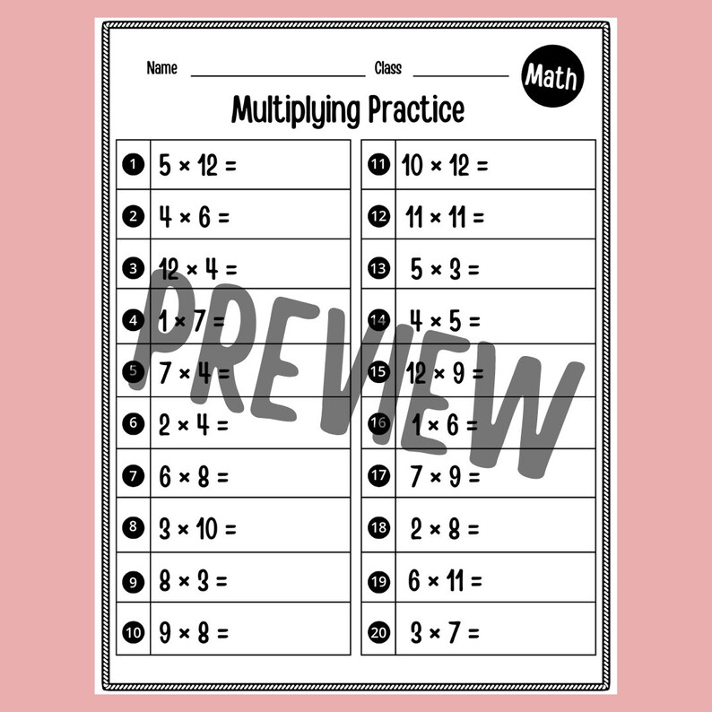 Multiplication Drills 1-12 Worksheets: Math Practice (digital Download ...
