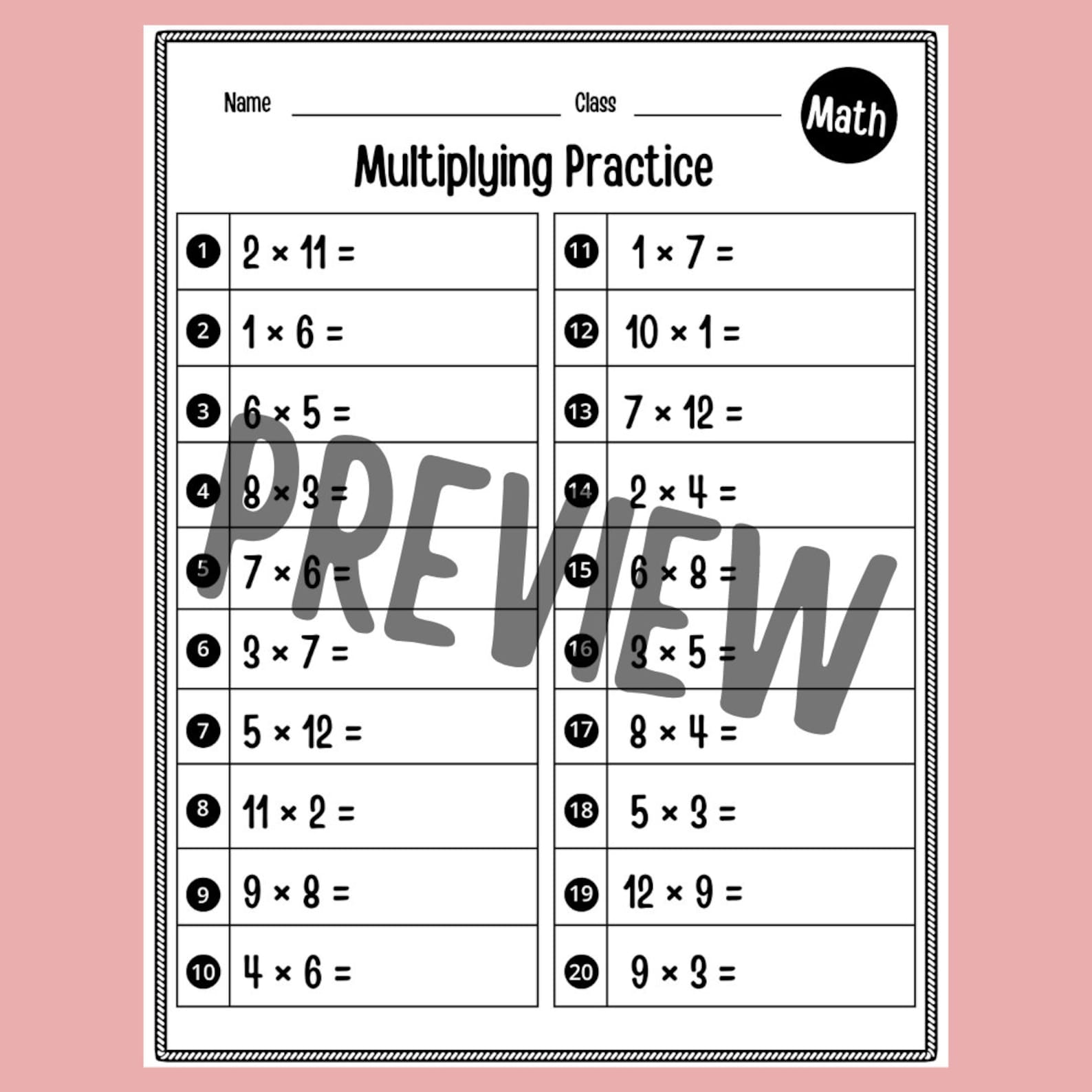 Multiplication Drills 1-12 Worksheets: Math Practice (digital Download ...