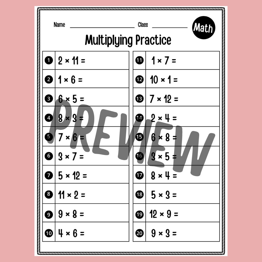 Multiplication Drills 1-12 Worksheets: Math Practice (digital Download ...