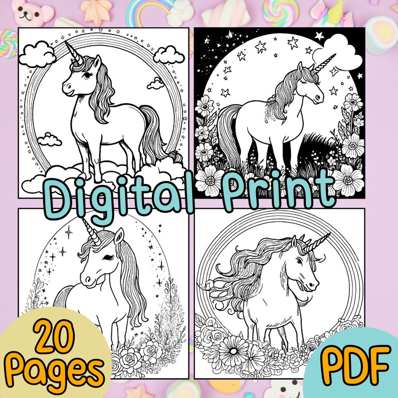 Cute Unicorn Coloring Pages - 20 Pages, Printable Coloring Book for ...