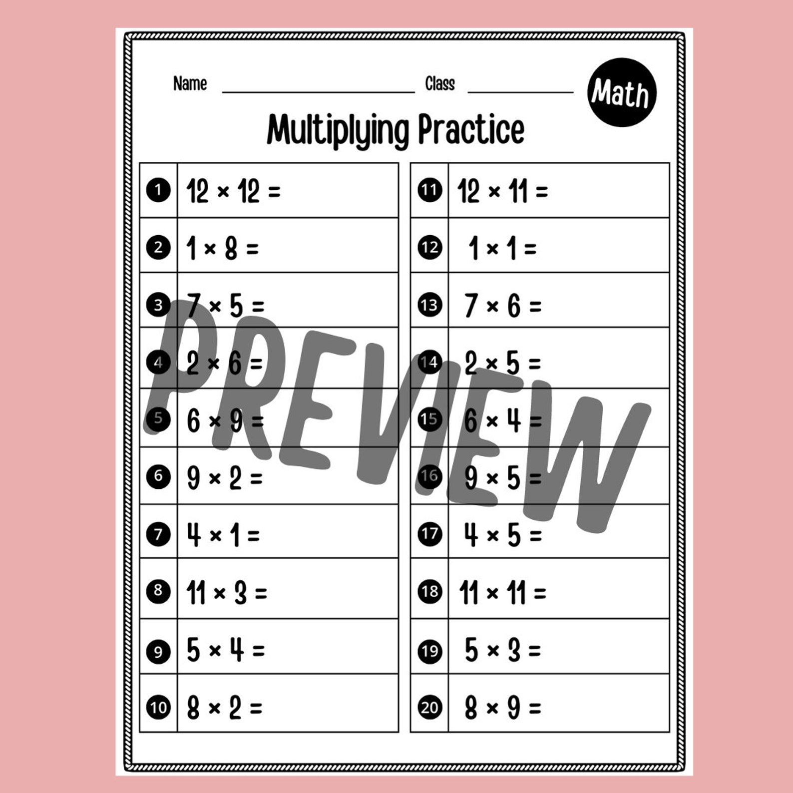 Multiplication Drills 1-12 Worksheets: Math Practice (digital Download ...