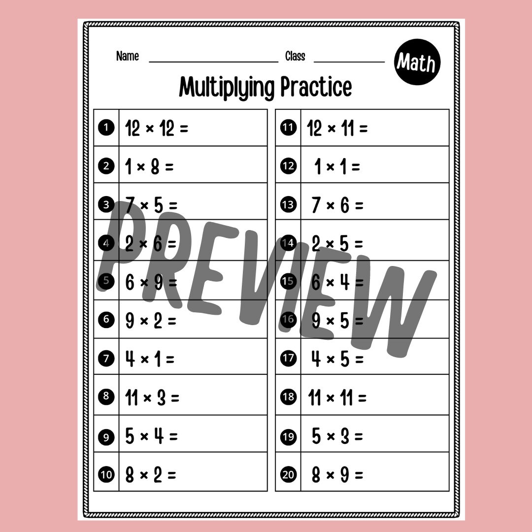 Multiplication Drills 1-12 Worksheets: Math Practice (digital Download ...