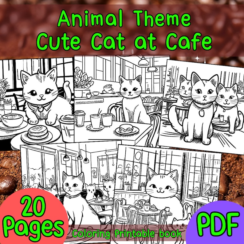 Coloring Book Printable: Super Cute Cat at Cafe Coloring Book, 20 ...