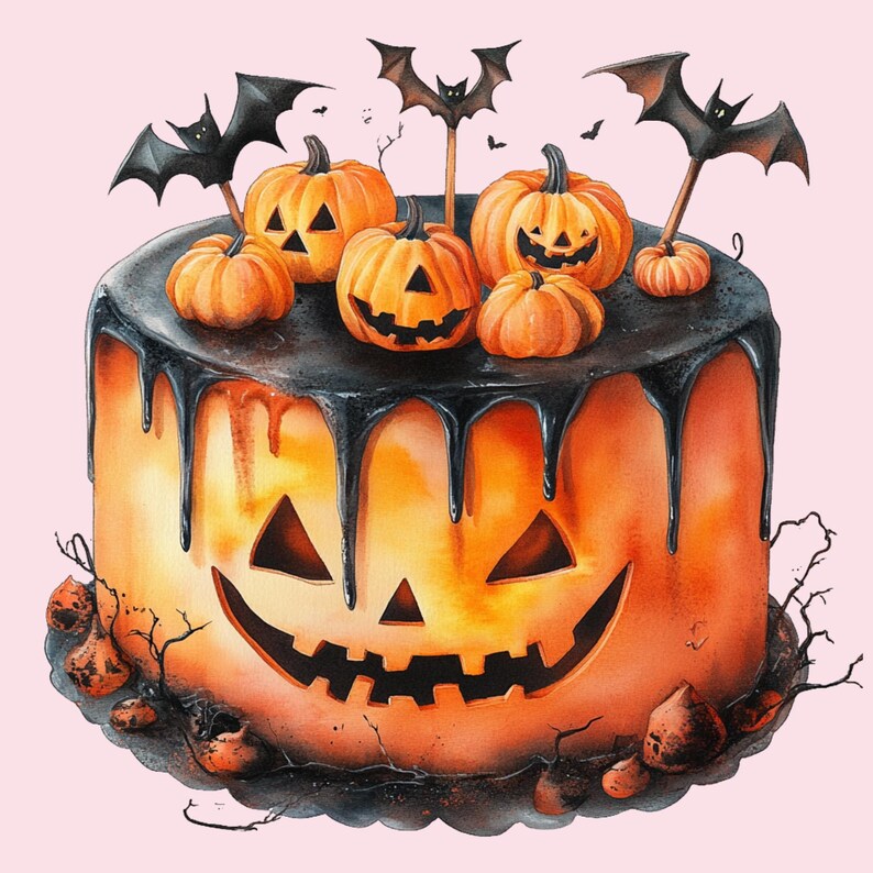 Watercolor Halloween Cake Clipart: Spooky Dessert Illustration (digital ...