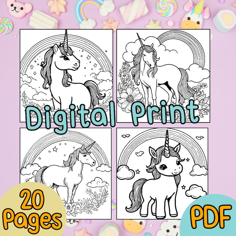 Cute Unicorn Coloring Pages - 20 Pages, Printable Coloring Book for ...