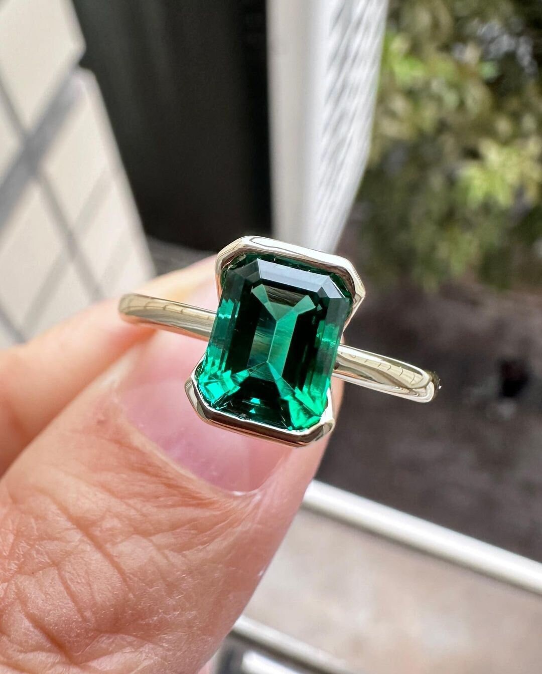 14K Emerald Ring Green Emerald Bezel Set Ring Emerald Cut Engagement ...