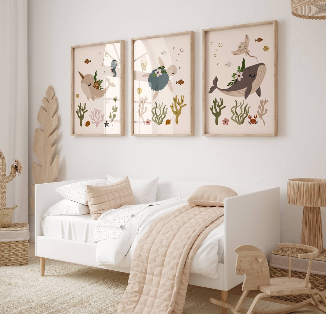 Boho Sea Animals Wall Art SET OF 3 Girl Nursery Decor Neutral Girl Room ...