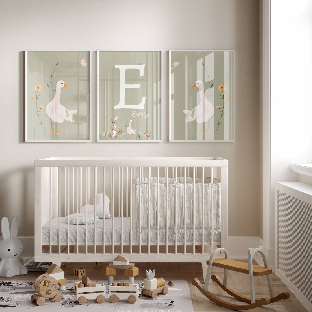 Cottagecore Goose Wall Art Personalized Nursery Print Set of 3 Vintage ...