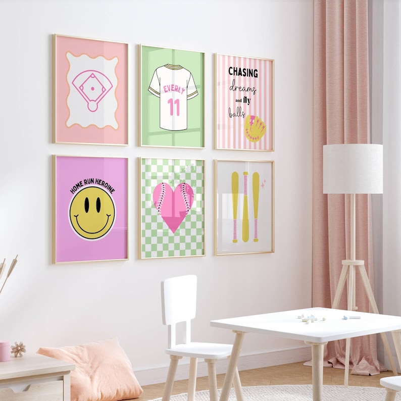 Girls Softball Wall Art Set: Pastel Sport Prints for Bedroom (digital ...