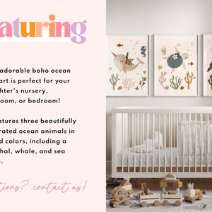 Boho Sea Animals Wall Art SET OF 3 Girl Nursery Decor Neutral Girl Room ...