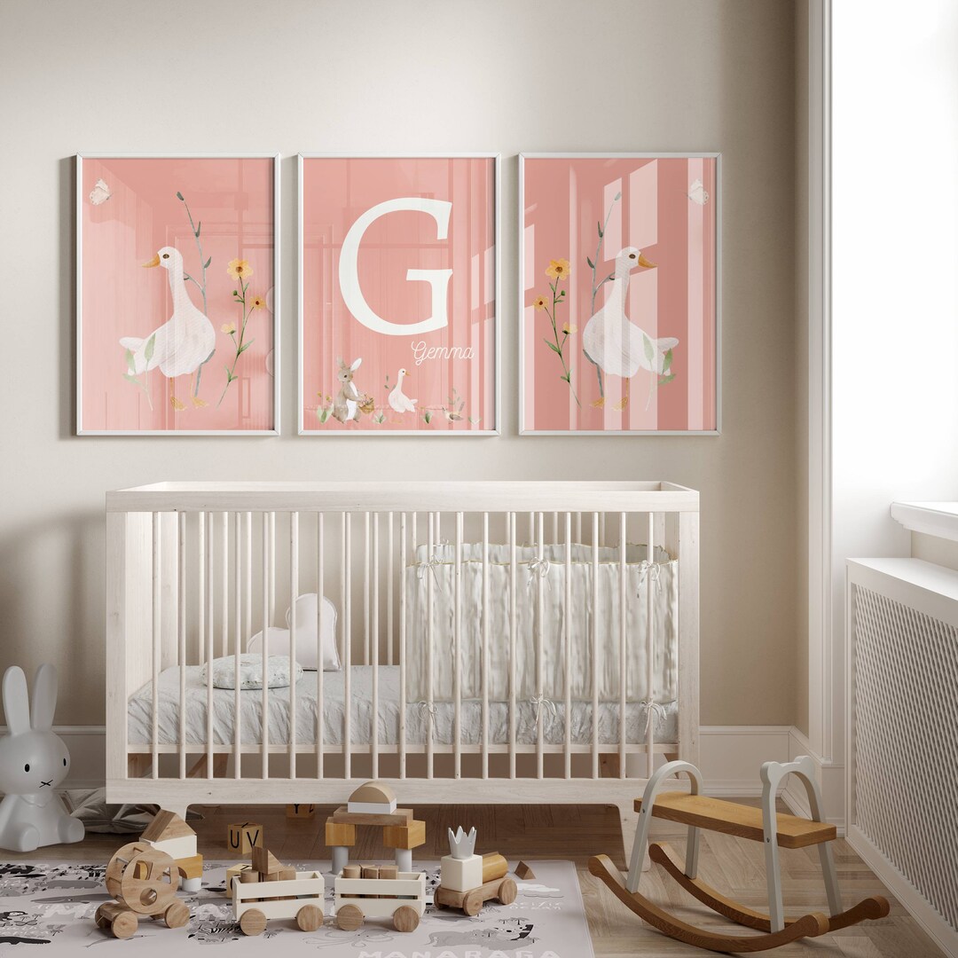 Cottagecore Goose Wall Art | Personalized Nursery Print Set of 3 ...