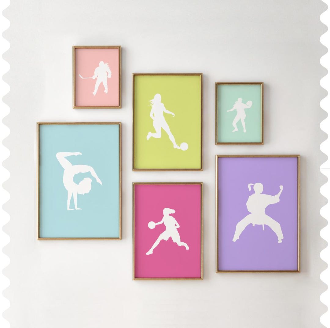 Pastel Girls Sports Silhouette Wall Art Set, Karate, Soccer, Gymnastics ...
