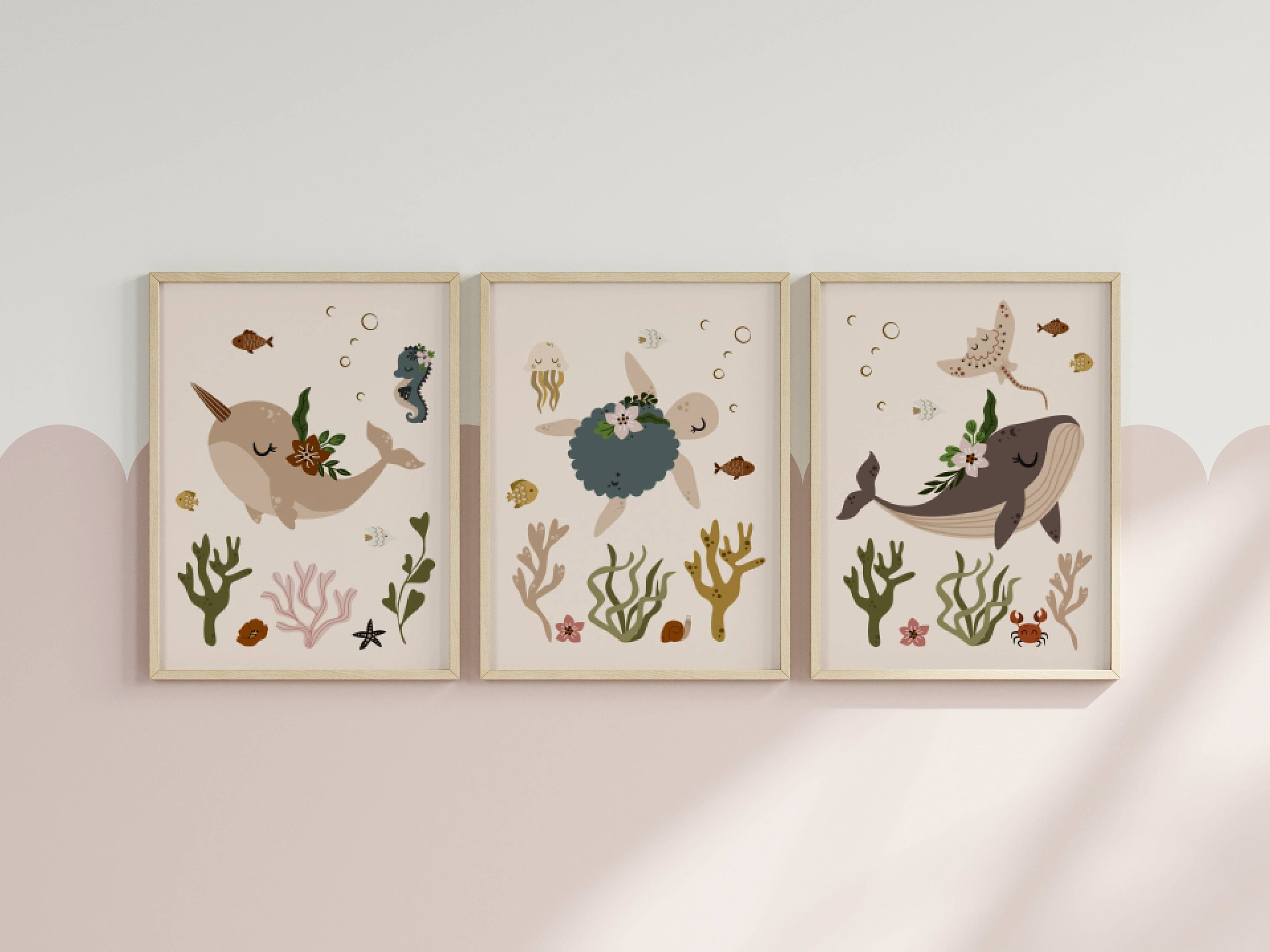 Boho Sea Animals Wall Art SET OF 3 Girl Nursery Decor Neutral Girl Room ...