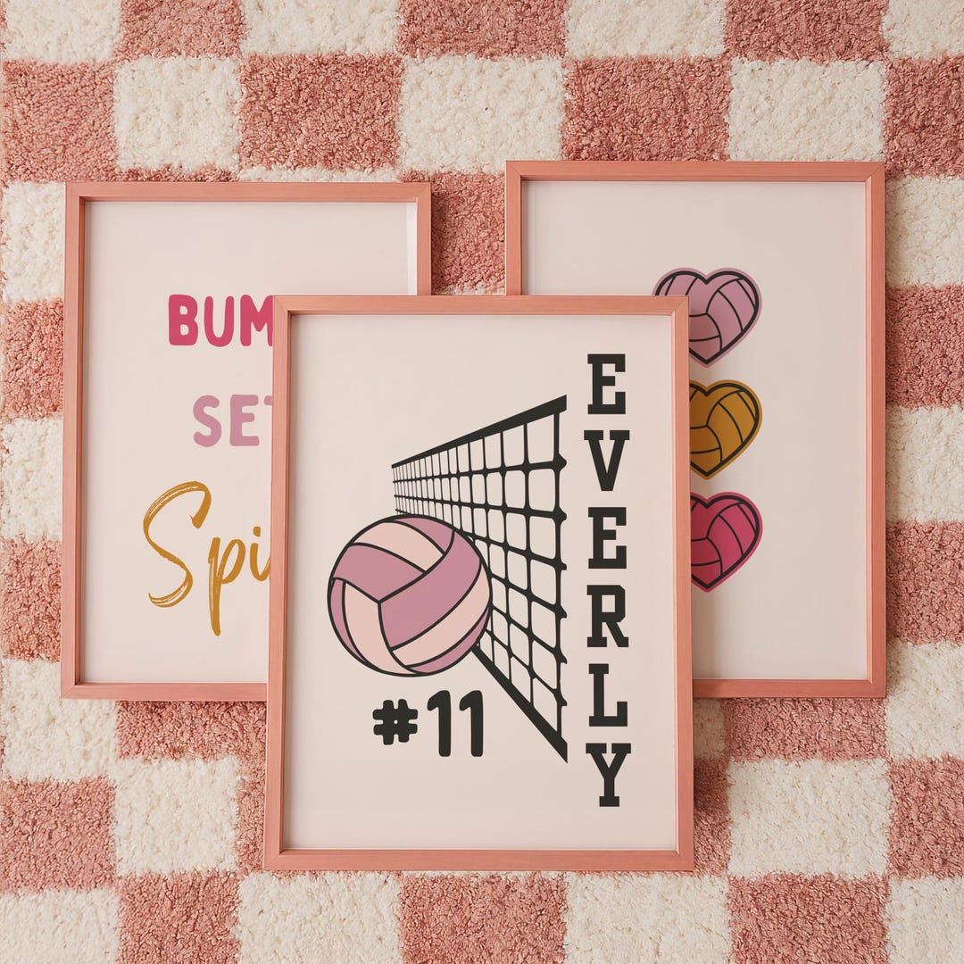 Girls Volleyball Wall Art Set: Custom Name, Blush & Gold Prints ...