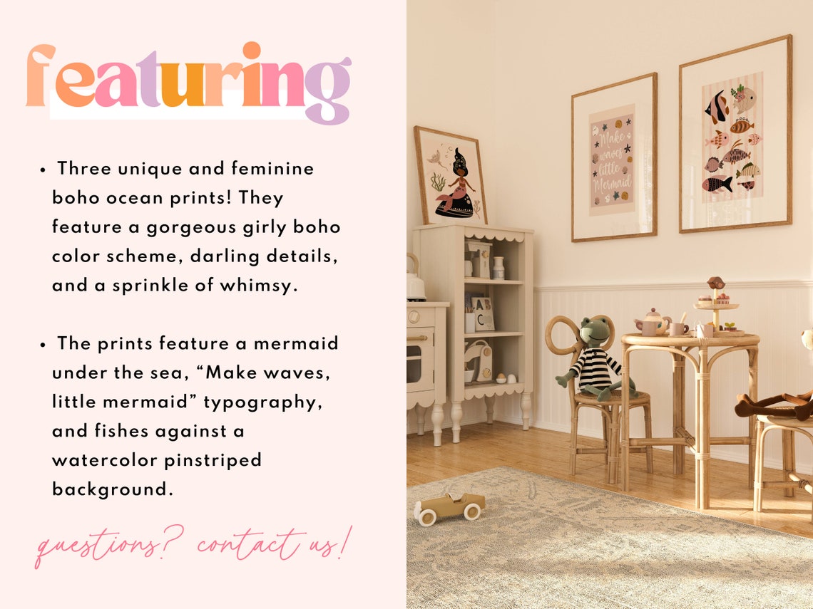 Mermaids Downloadable Print Set of 3 Cute Boho Girls Decor Beach Kids ...