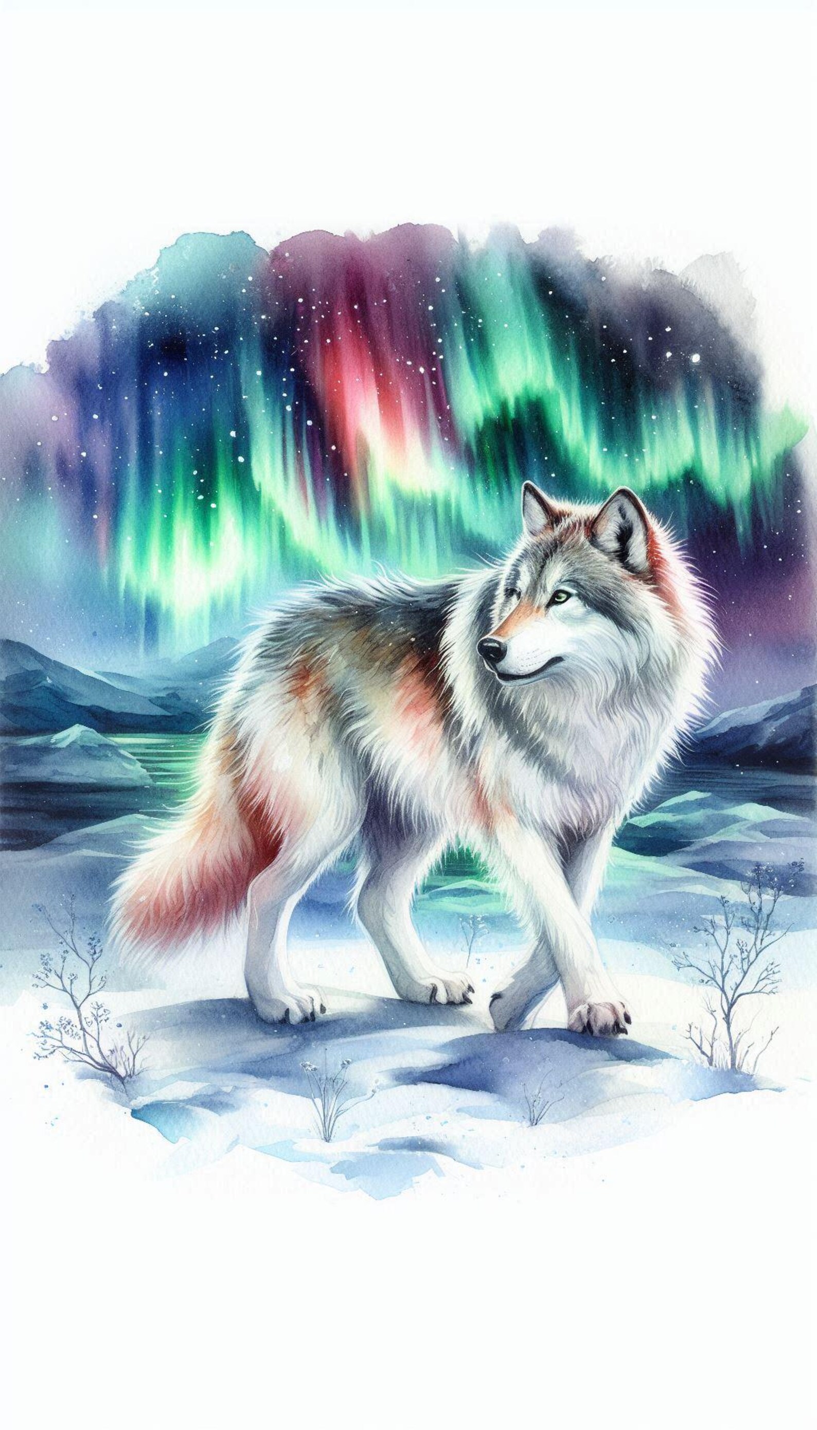 Wolf at Night, Aurora Borealis, Watercolor - Etsy
