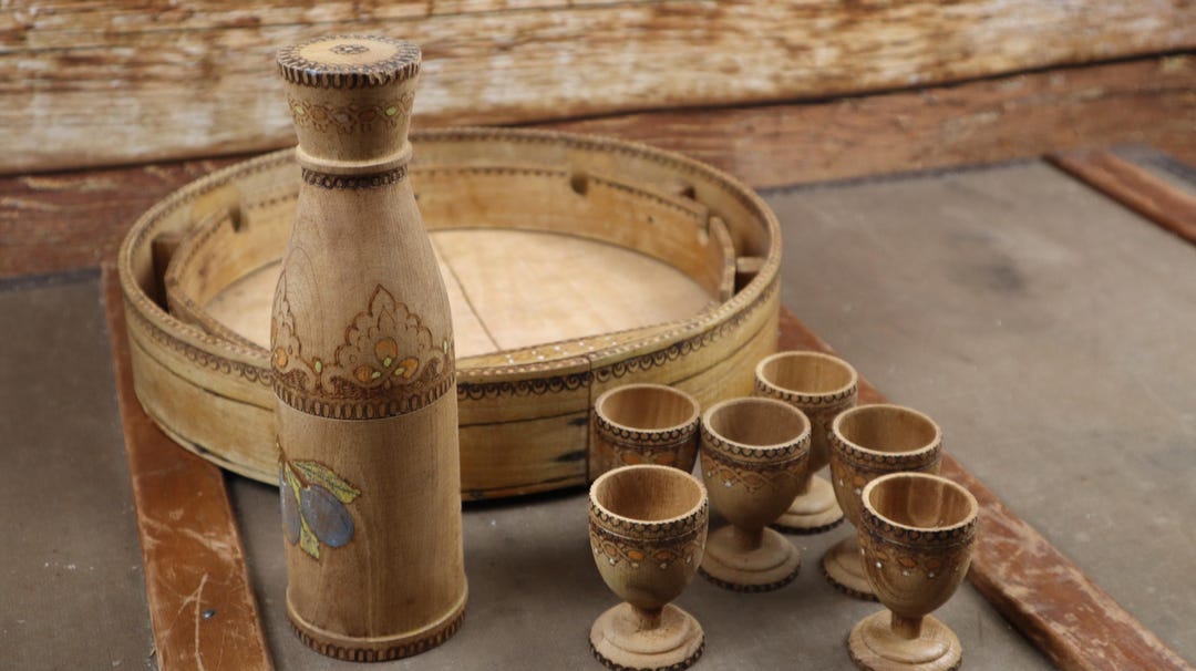 Wood Set Bootle Six Cups and Table for Rakia or Other Alcoholic ...