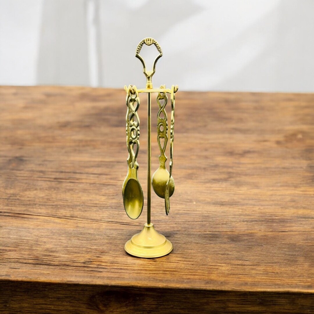 Vintage Small Set Brass Kitchen Utensils Serving Spoon Fork Slotted ...